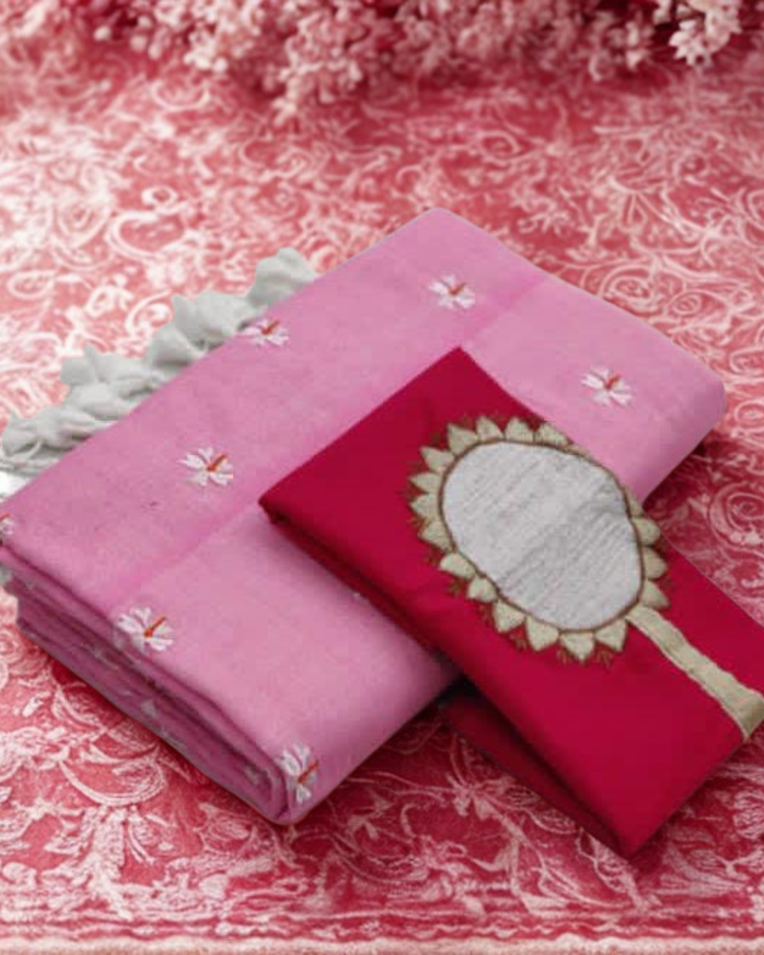 Khadi Cotton Saree with Shiuli Motif Embroidery | Contrast Blouse ...